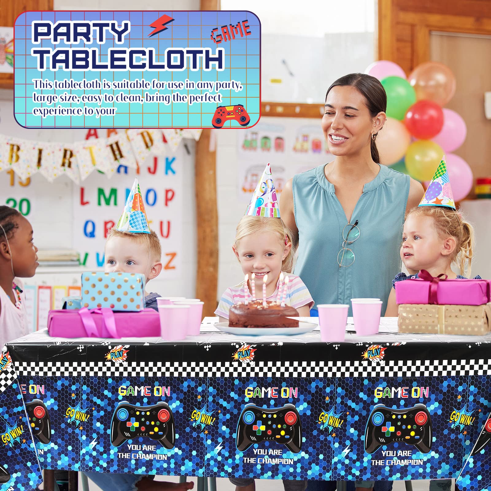 122 Pcs Video Game Party Supplies Tableware Set for 24 Guests Video Game Paper Plates Cups Napkins Plastic Tablecloth Party Tableware Serves for Gaming Birthday Party Decorations