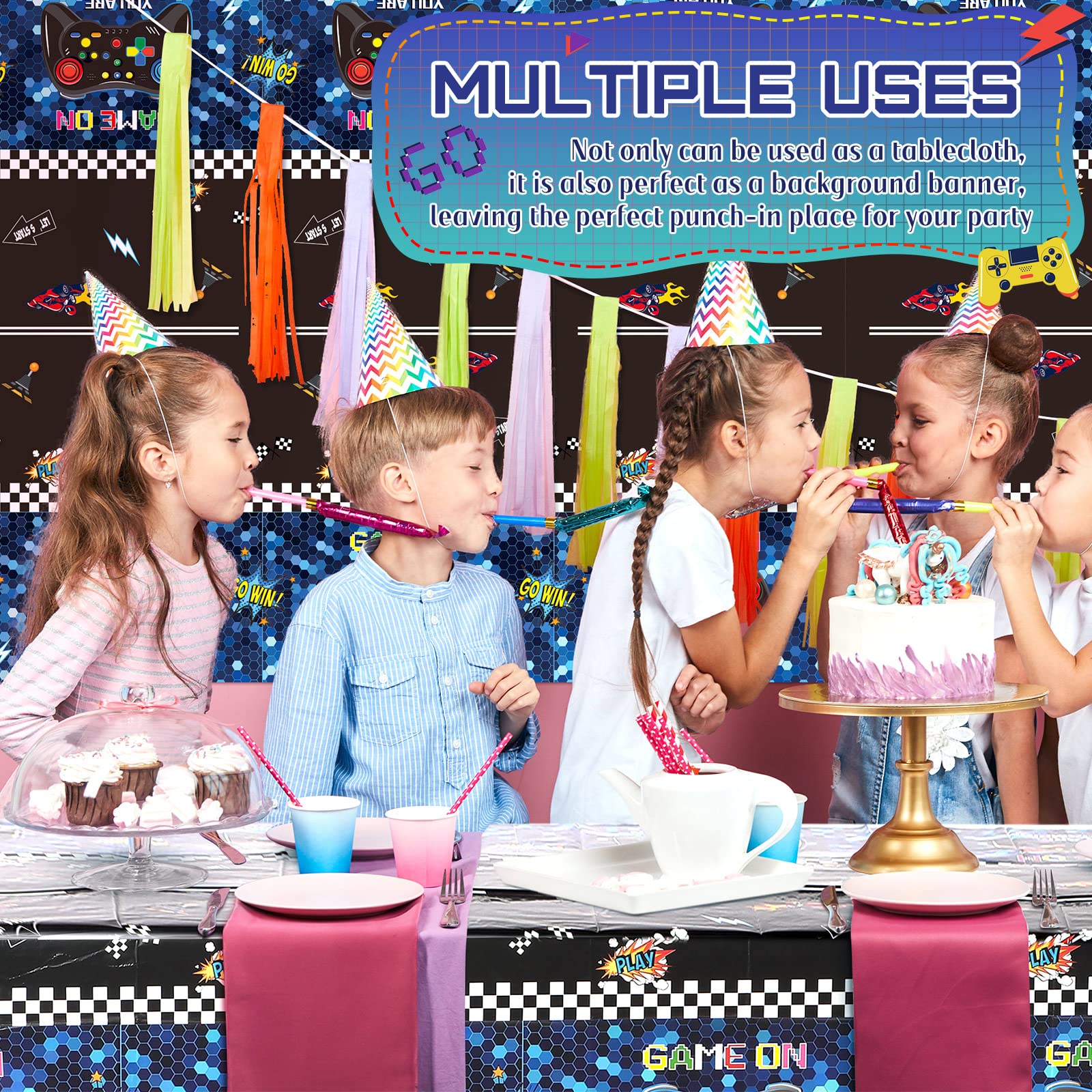 122 Pcs Video Game Party Supplies Tableware Set for 24 Guests Video Game Paper Plates Cups Napkins Plastic Tablecloth Party Tableware Serves for Gaming Birthday Party Decorations