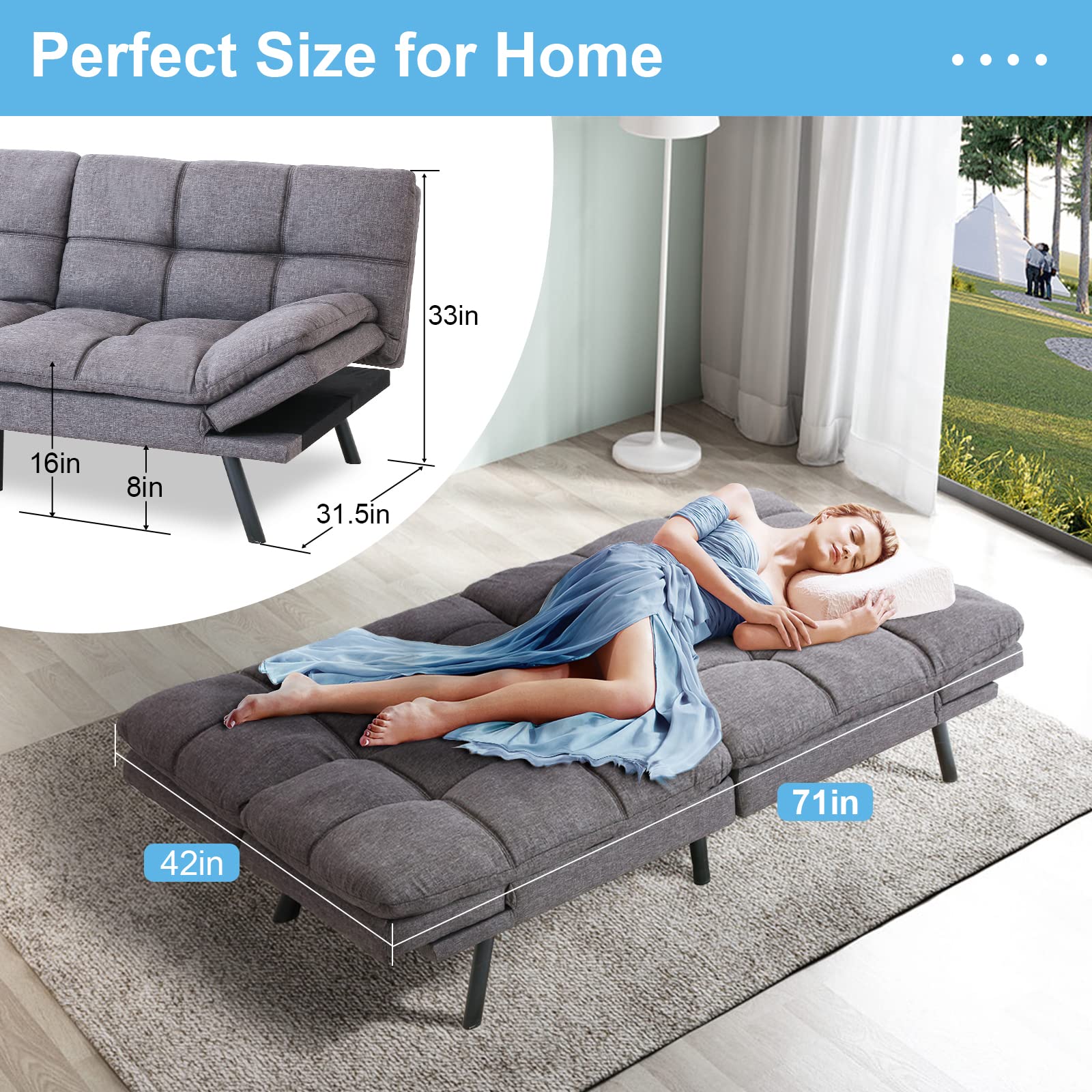 Opoiar Futon Sofa Bed Linen Convertible Memory Foam Couch Bed, Modern Sleeper Sofa for Living Room w/Removable Armrests, Futon Sets for Compact Living Spaces Offices Apartments Dorm Bonus Room,Grey