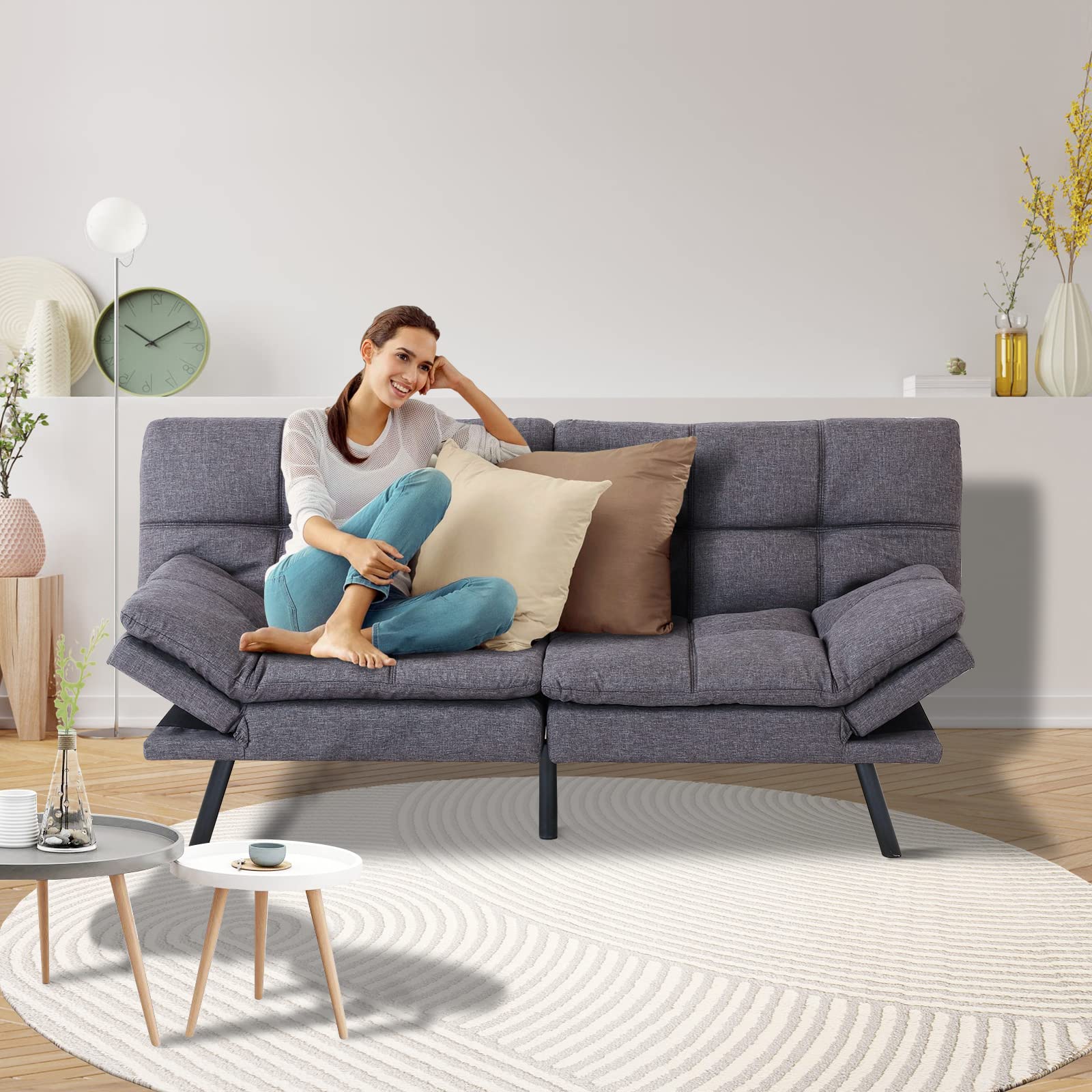 Opoiar Futon Sofa Bed Linen Convertible Memory Foam Couch Bed, Modern Sleeper Sofa for Living Room w/Removable Armrests, Futon Sets for Compact Living Spaces Offices Apartments Dorm Bonus Room,Grey