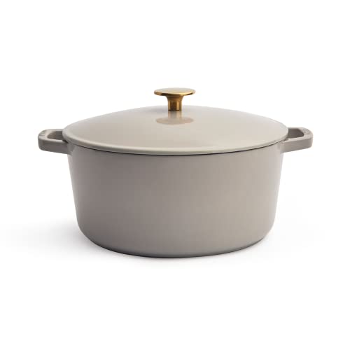 Milo by Kana 5.5-quart Enameled Cast Iron Dutch Oven with Lid | Premium Casserole Cooking Pot | Enamel Coating Inside and Out | Oven Safe and Dishwasher Friendly (Pebble with Gold Knob)