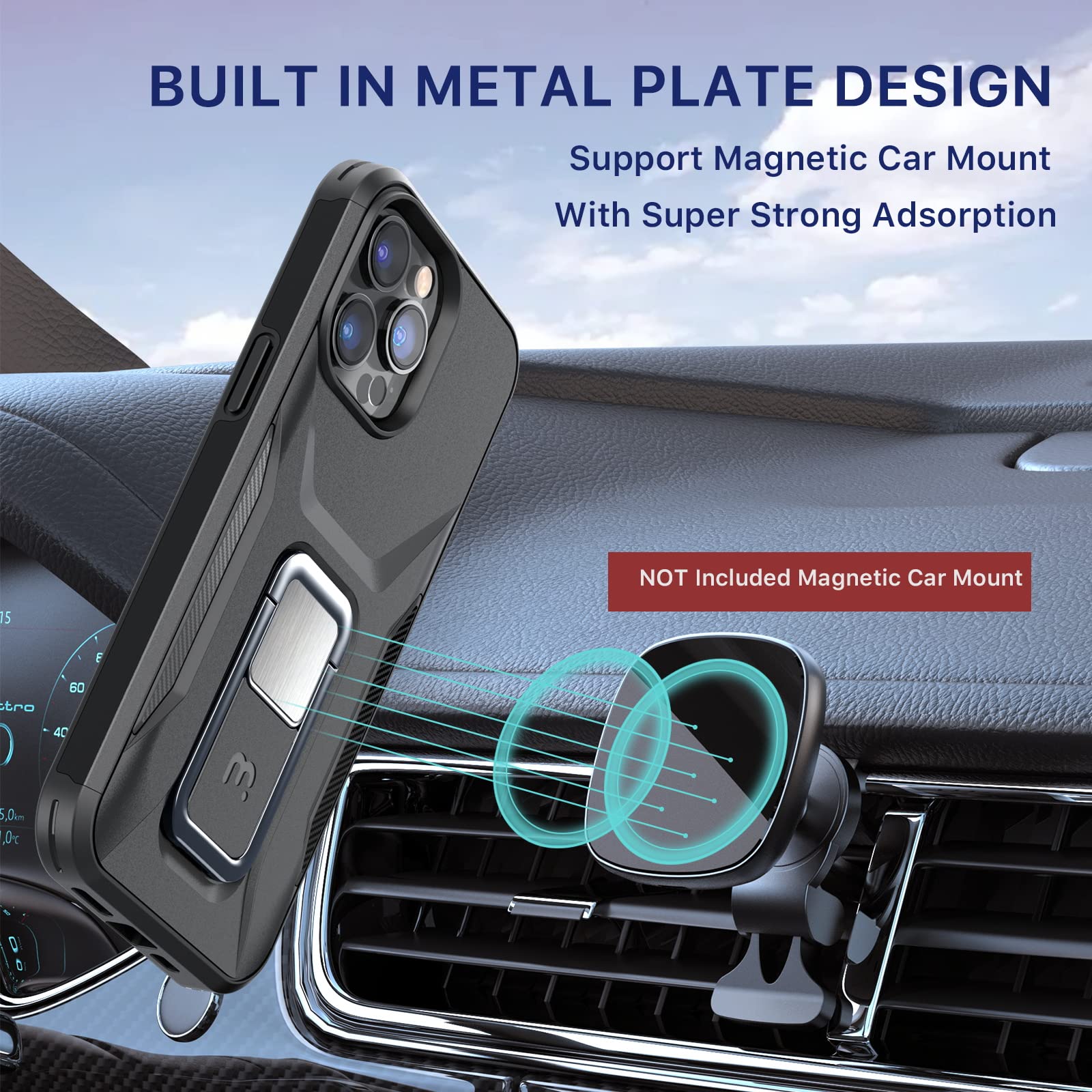 MYBAT Pro Stealth Series Phone Case for iPhone 14 Pro Max Case with Stand 6.7",Support Magnetic Car Mount, Heavy Duty Military Grade Drop Protective Rugged Bumper Armor Covers(Black)