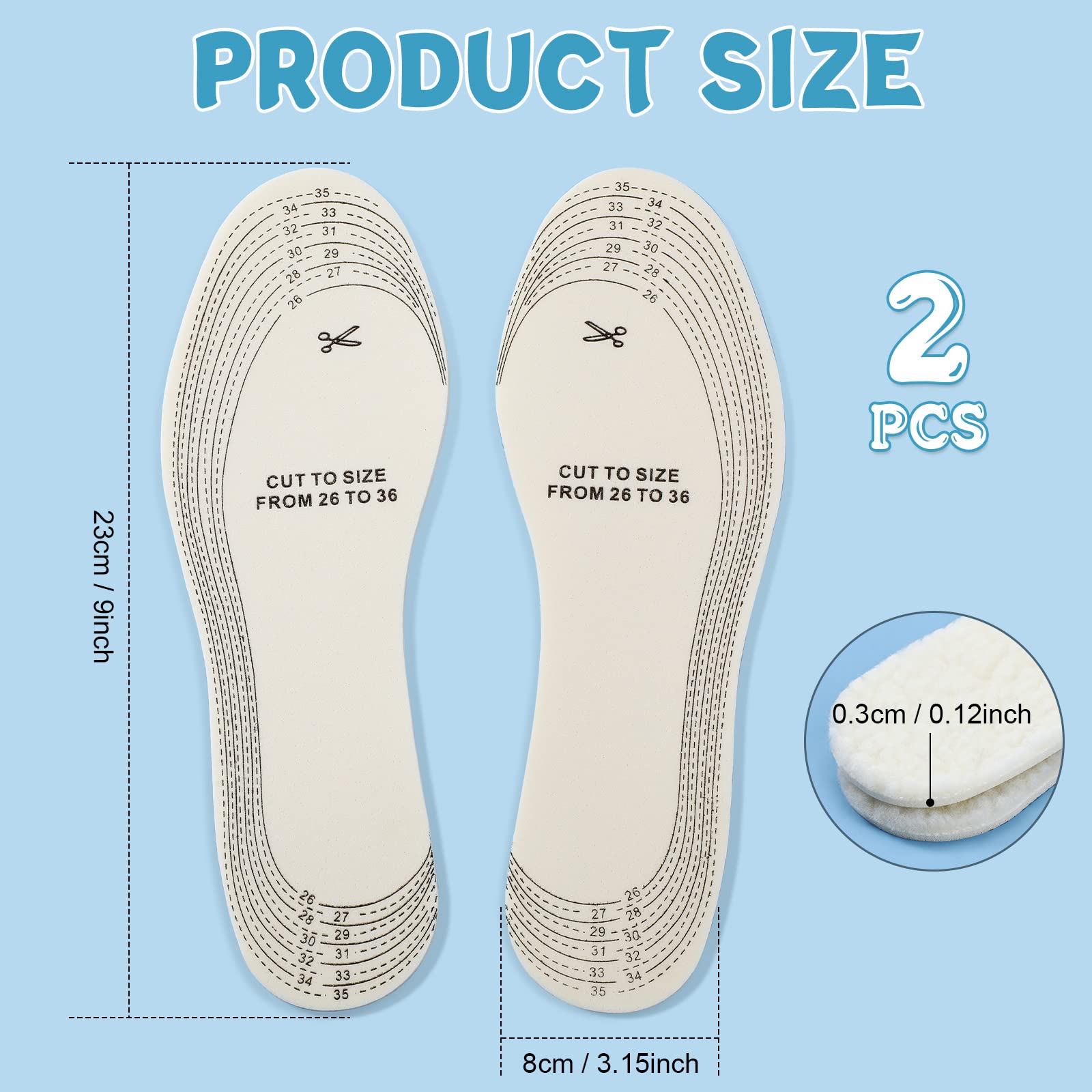 2 Pair Winter Shoe Insoles for Kids Wool Fleece Insoles Sheep Wool Shoe Insert Fluffy Wool Flat Brioche for Sneakers and Boots, Warm and Soft, Beige