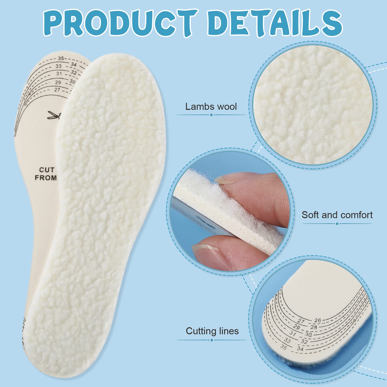 2 Pair Winter Shoe Insoles for Kids Wool Fleece Insoles Sheep Wool Shoe Insert Fluffy Wool Flat Brioche for Sneakers and Boots, Warm and Soft, Beige