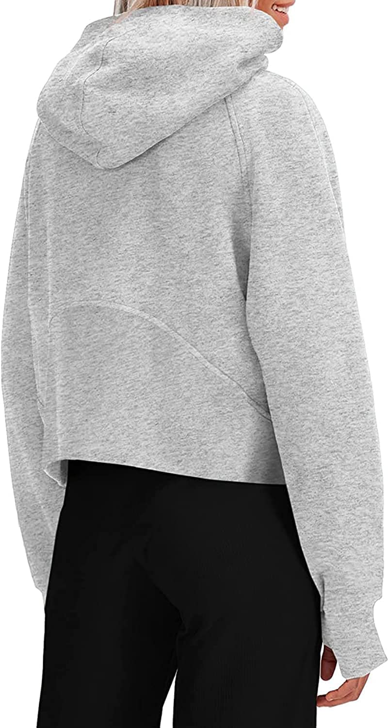 Fisoew Womens Zip Up Sweatshirts Fleece Lined Collar Crop Hoodie Casual Cotton Long Sleeve Tops with Thumb Hole