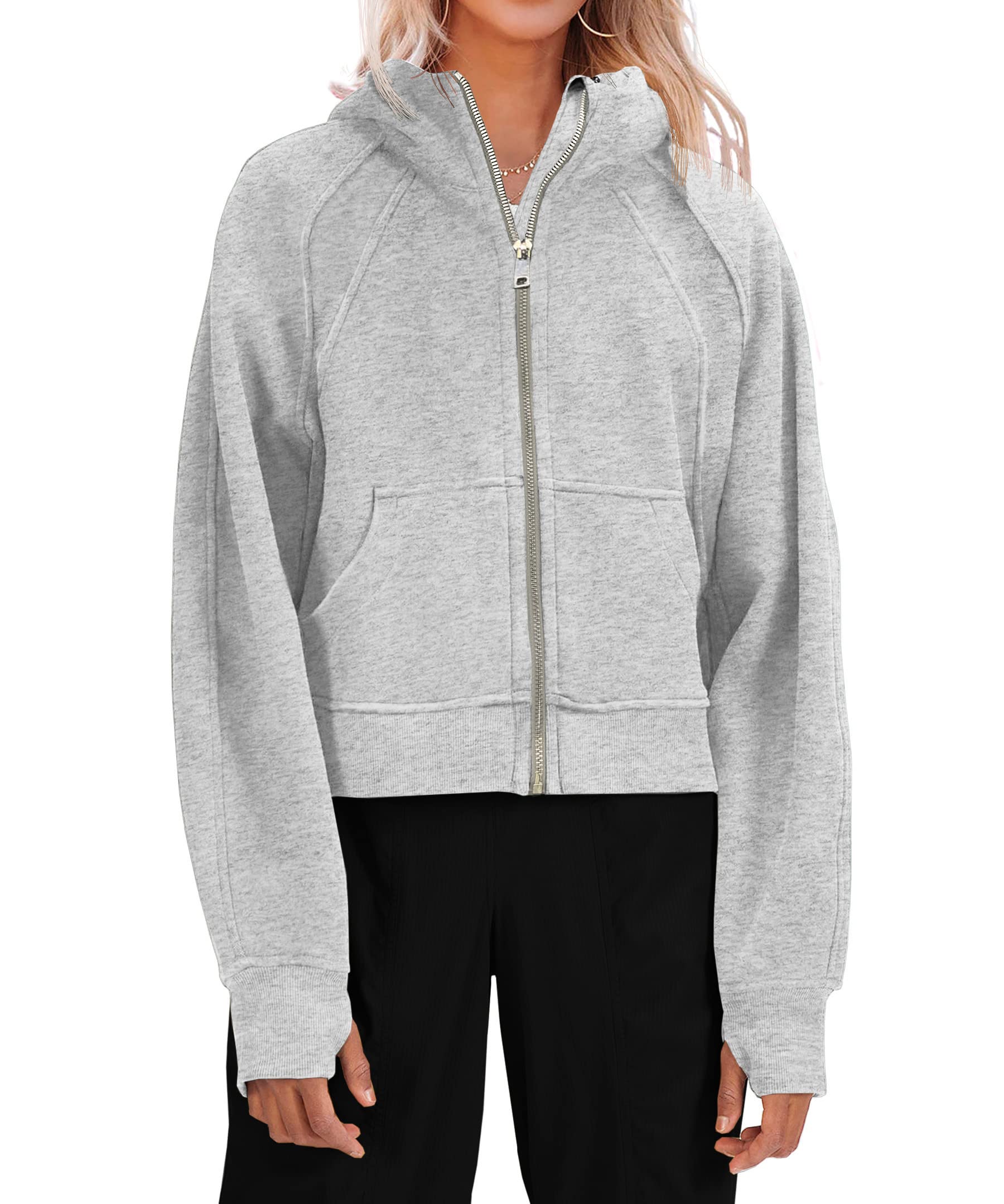 Fisoew Womens Zip Up Sweatshirts Fleece Lined Collar Crop Hoodie Casual Cotton Long Sleeve Tops with Thumb Hole