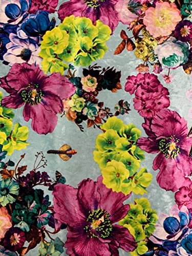 Beatrice Floral Print 8 on Aqua Polyester Crushed Stretch Velvet Fabric for Bows, Topknot, Scrunchies, Clothes, Costumes, Crafts - 10168