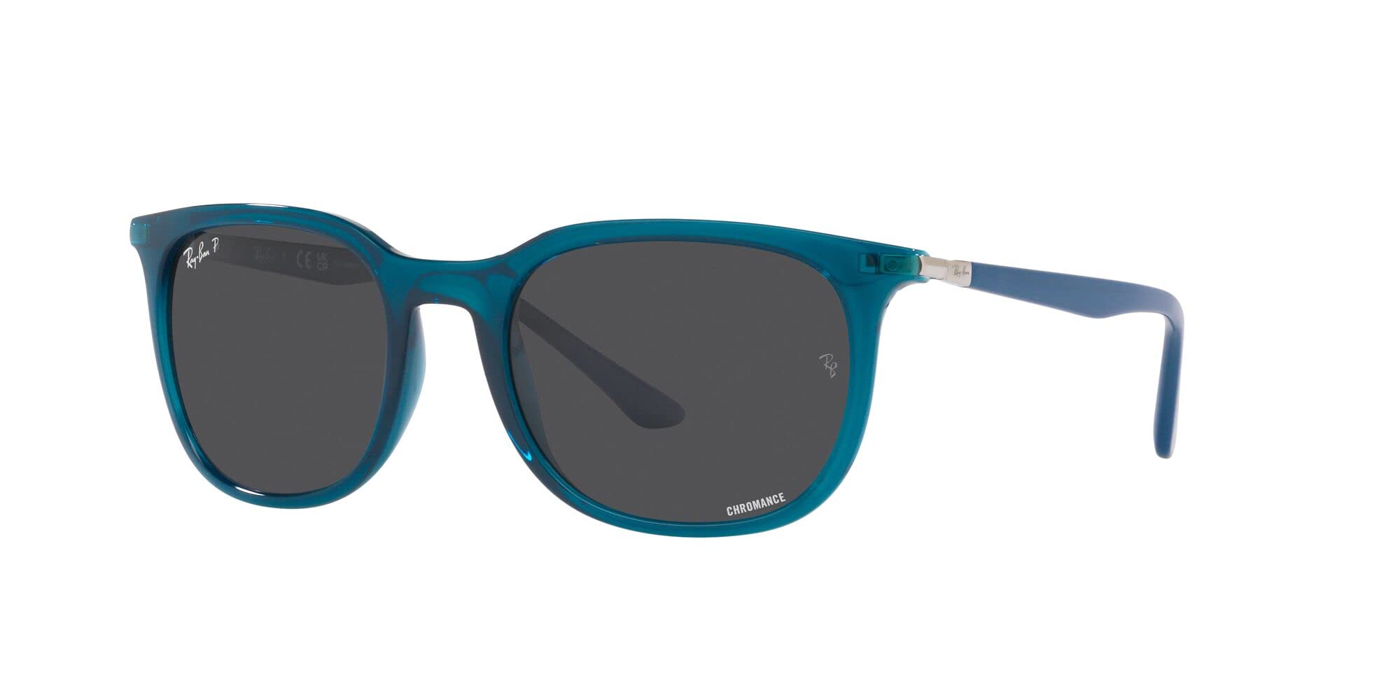 Ray-Ban RB4386F Low Bridge Fit Square Sunglasses, Transparent Turquoise/Polarized Dark Grey, 55 mm