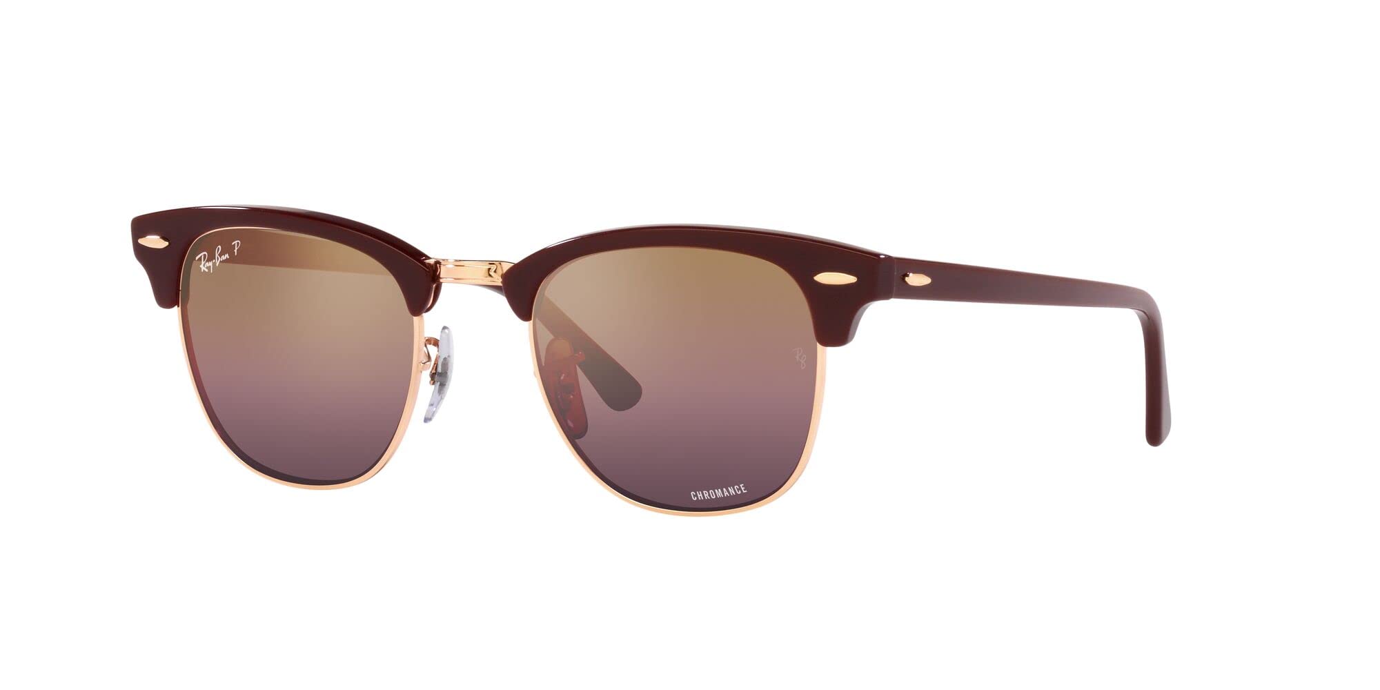 Ray-Ban RB3016F Clubmaster Low Bridge Fit Square Sunglasses, Bordeaux on Rose Gold/Polarized Red, 55 mm