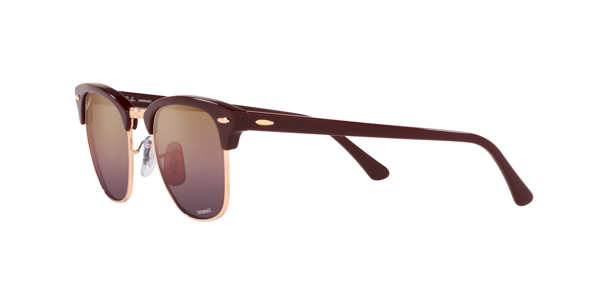 Ray-Ban RB3016F Clubmaster Low Bridge Fit Square Sunglasses, Bordeaux on Rose Gold/Polarized Red, 55 mm