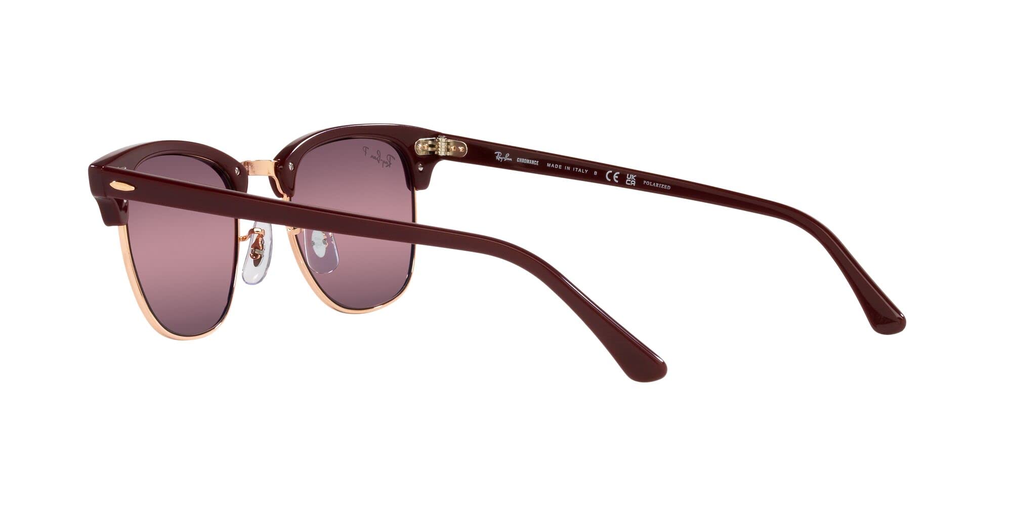 Ray-Ban RB3016F Clubmaster Low Bridge Fit Square Sunglasses, Bordeaux on Rose Gold/Polarized Red, 55 mm