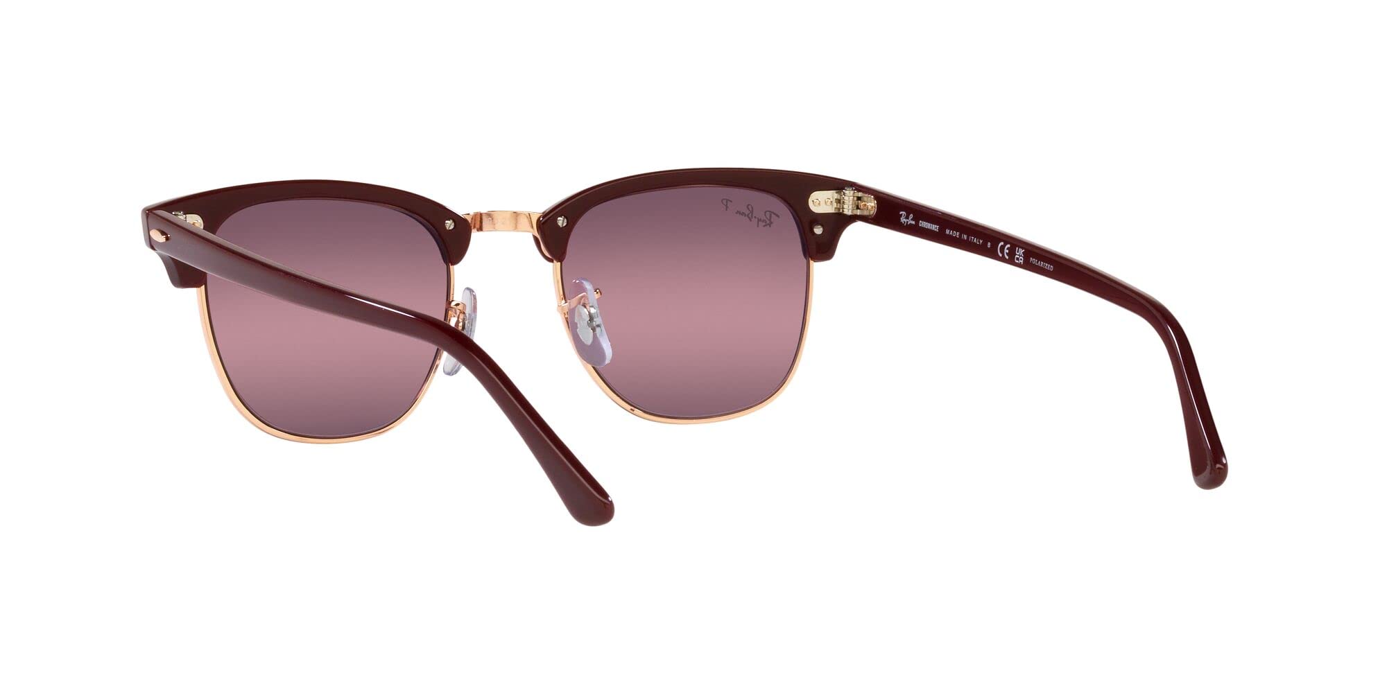 Ray-Ban RB3016F Clubmaster Low Bridge Fit Square Sunglasses, Bordeaux on Rose Gold/Polarized Red, 55 mm