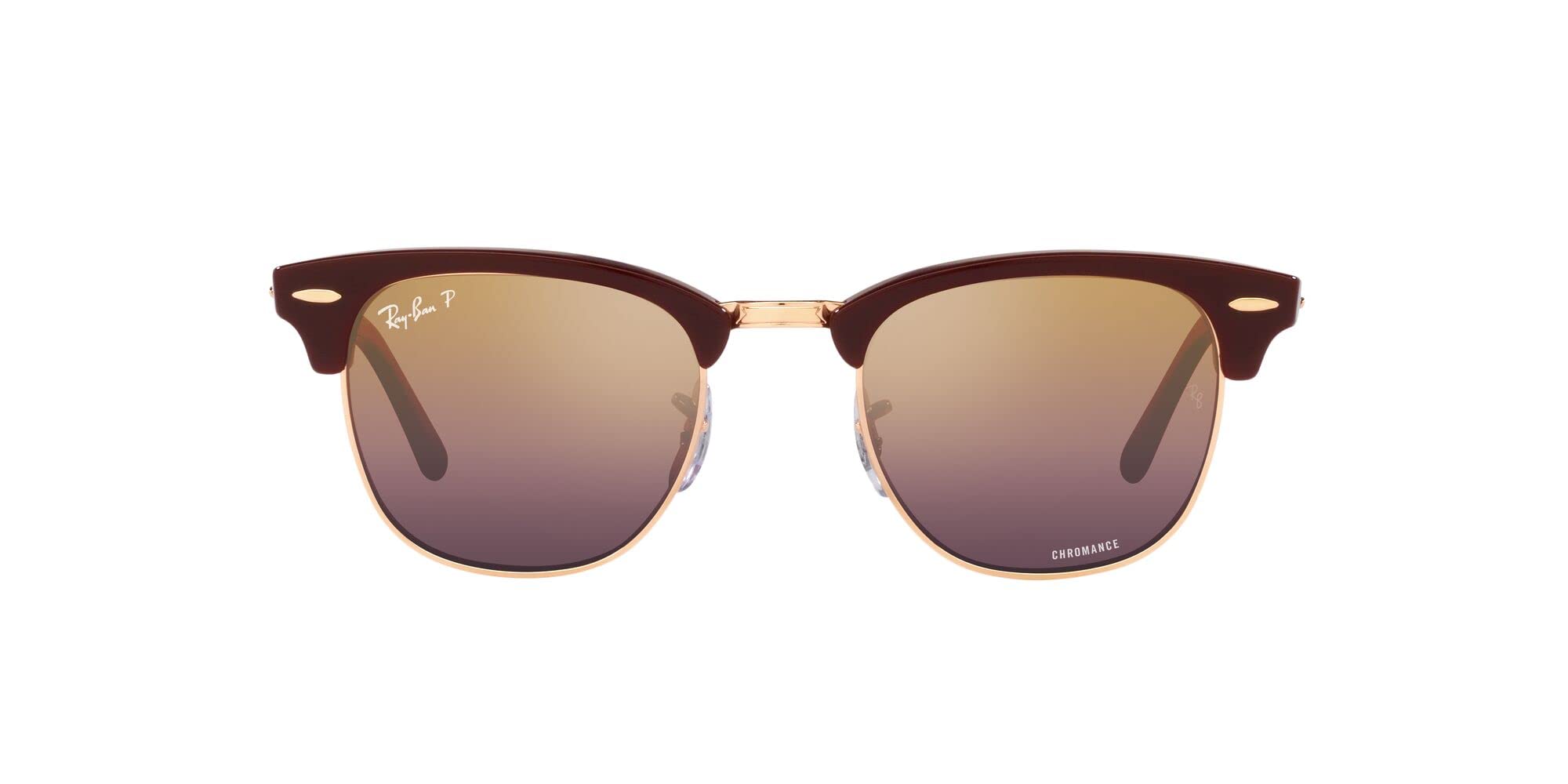 Ray-Ban RB3016F Clubmaster Low Bridge Fit Square Sunglasses, Bordeaux on Rose Gold/Polarized Red, 55 mm