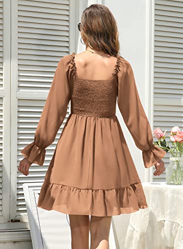 SouqFone Boho Dress for Women Flounce Sleeve Shirred Ladies Dress Square Neck Lantern Sleeve Cocktail Dresses-L,Camel