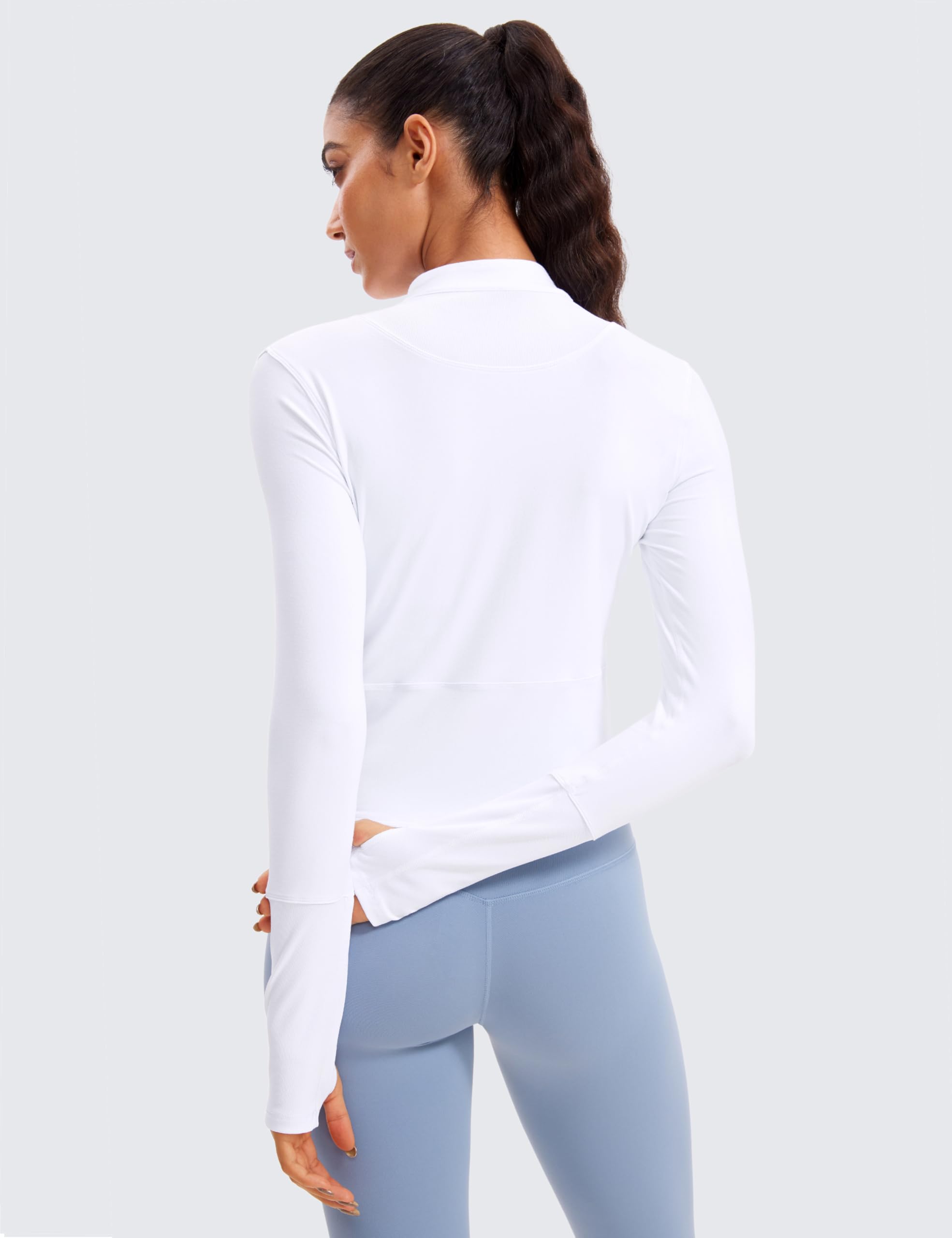 CRZ YOGA Women's Long Sleeve Crop Top Quick Dry Cropped Workout Shirts Half Quarter Zip Pullover Running Athletic Fall Shirt White Medium
