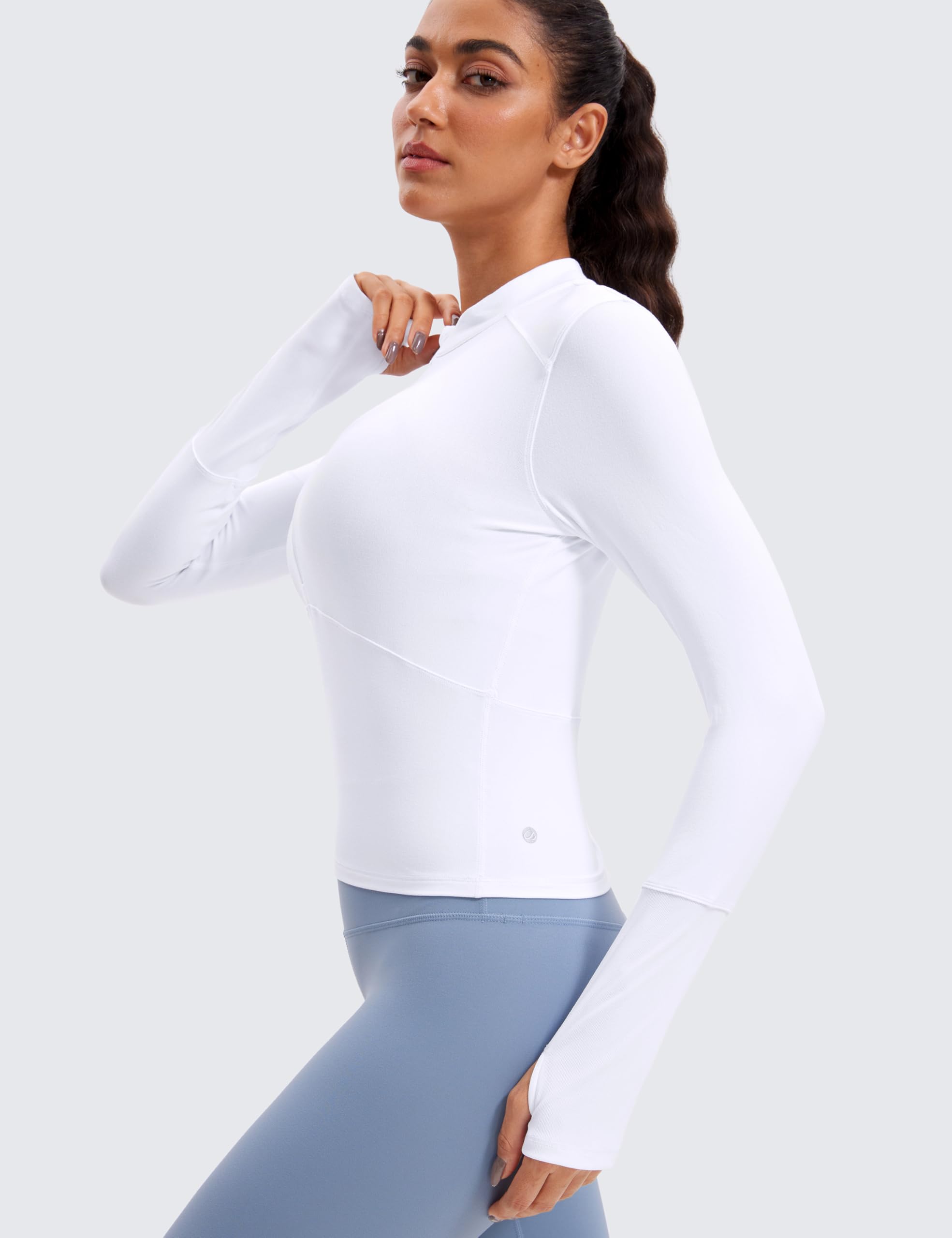 CRZ YOGA Women's Long Sleeve Crop Top Quick Dry Cropped Workout Shirts Half Quarter Zip Pullover Running Athletic Fall Shirt White Medium
