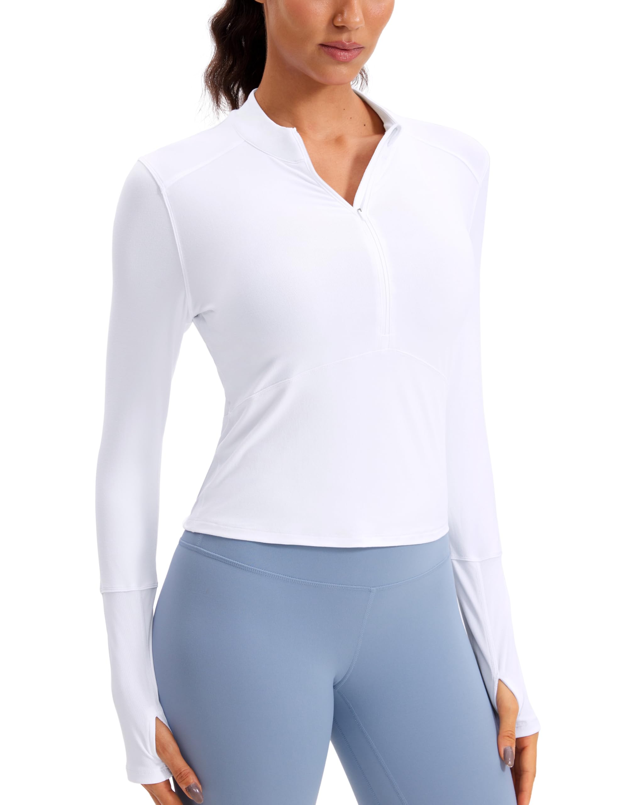 CRZ YOGA Women's Long Sleeve Crop Top Quick Dry Cropped Workout Shirts Half Quarter Zip Pullover Running Athletic Fall Shirt White Medium