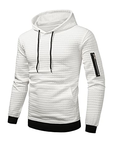 JMIERR Hoodies for Men Pullover Casual Plaid Jacquard Drawstring Long Sleeve Hooded Waffle Knit Sweatshirts, US 40(M), White