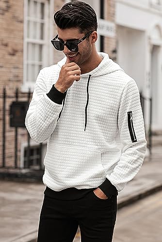 JMIERR Hoodies for Men Pullover Casual Plaid Jacquard Drawstring Long Sleeve Hooded Waffle Knit Sweatshirts, US 40(M), White