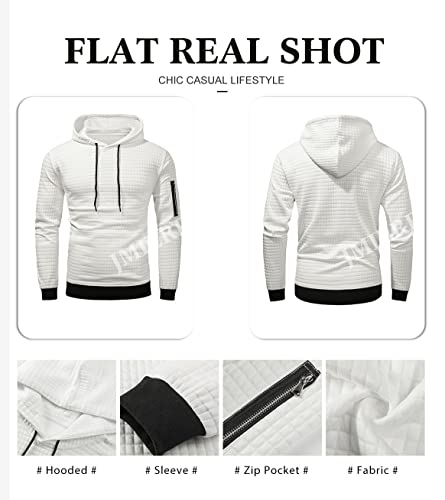 JMIERR Hoodies for Men Pullover Casual Plaid Jacquard Drawstring Long Sleeve Hooded Waffle Knit Sweatshirts, US 40(M), White