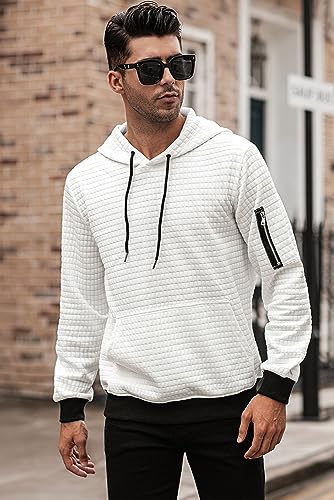JMIERR Hoodies for Men Pullover Casual Plaid Jacquard Drawstring Long Sleeve Hooded Waffle Knit Sweatshirts, US 40(M), White