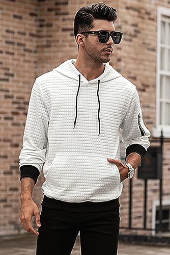 JMIERR Hoodies for Men Pullover Casual Plaid Jacquard Drawstring Long Sleeve Hooded Waffle Knit Sweatshirts, US 40(M), White