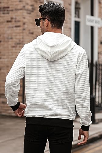 JMIERR Hoodies for Men Pullover Casual Plaid Jacquard Drawstring Long Sleeve Hooded Waffle Knit Sweatshirts, US 40(M), White