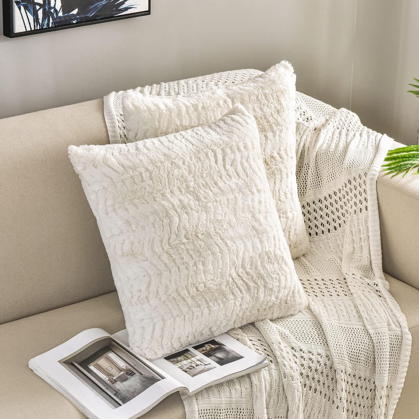 YUSOKI Luxury Faux Fur Throw Pillow Covers-18 x18,Set of 2-Boho Furry Fuzzy Fluffy Cozy Pillow Cases for Sofa Couch Bedroom Without Insert(Ivory,18"x18")