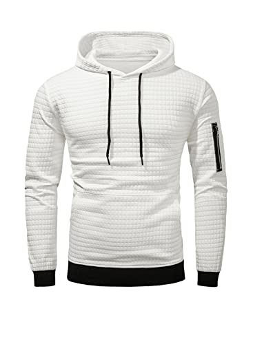 JMIERR Hoodies for Men Pullover Casual Plaid Jacquard Drawstring Long Sleeve Hooded Waffle Knit Sweatshirts, US 40(M), White