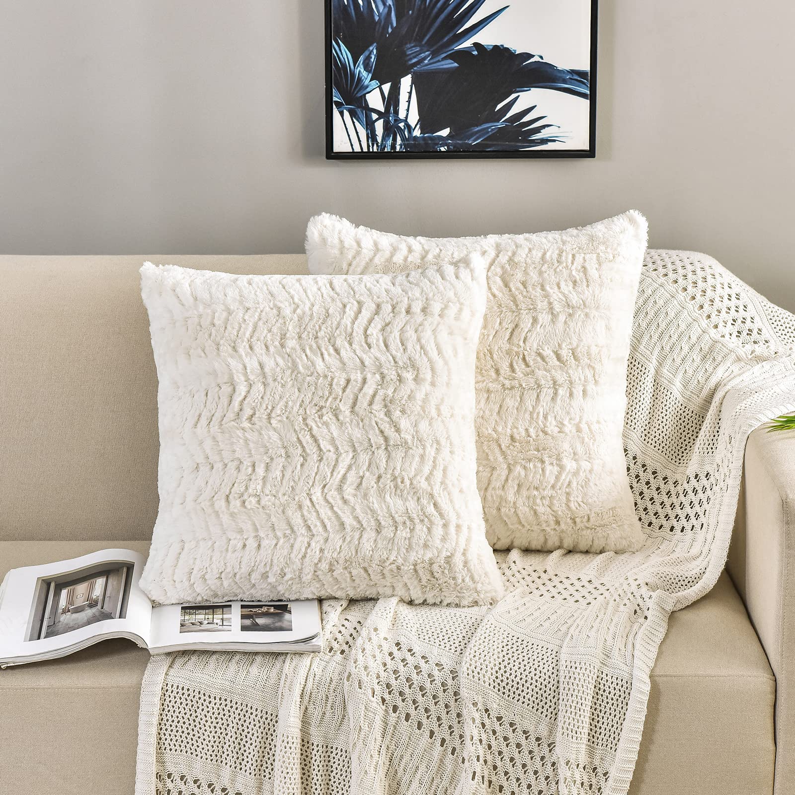 YUSOKI Luxury Faux Fur Throw Pillow Covers-18 x18,Set of 2-Boho Furry Fuzzy Fluffy Cozy Pillow Cases for Sofa Couch Bedroom Without Insert(Ivory,18"x18")