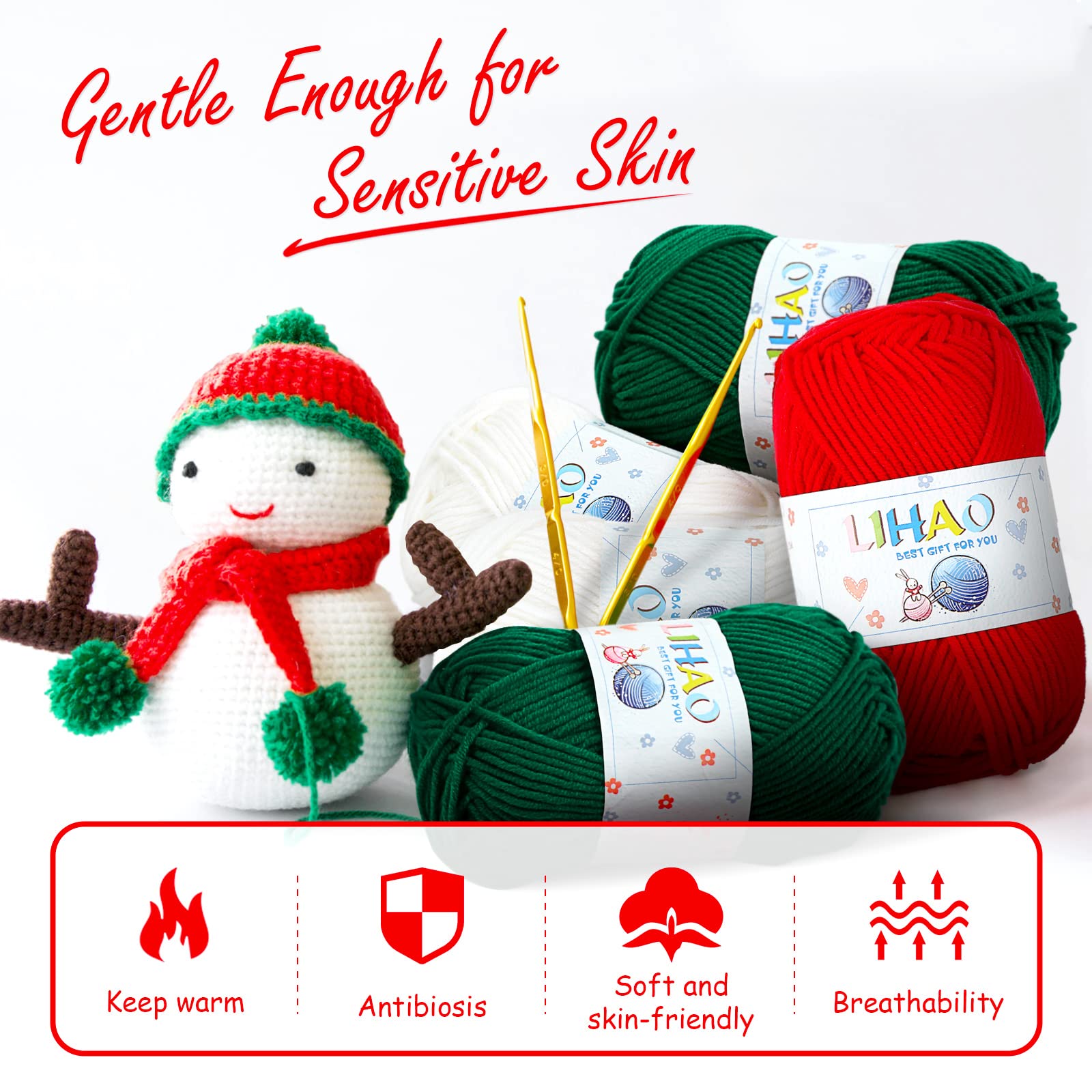 LIHAO 3 Skeins Yarn for Knitting Christmas Themed Yarn for DIY Xmas Crochet Crafts - 100% Acrylic, 50g