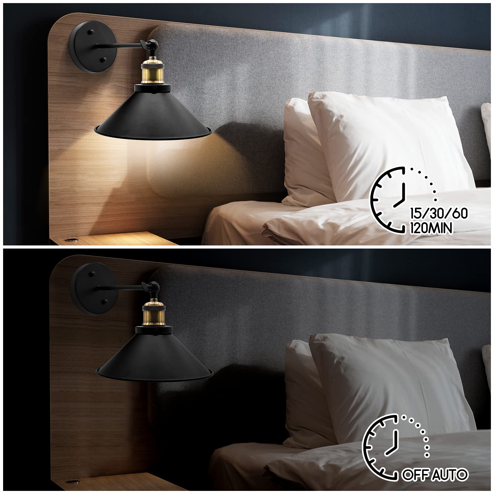 LABOREDUCER Battery Operated Wall Sconces Set of 2,Black Wireless Sconces Wall Lighting with Remote,Flexible Battery Wall Lamps,Wall Mounted Lights for Bedroom, Living Room, Hallway