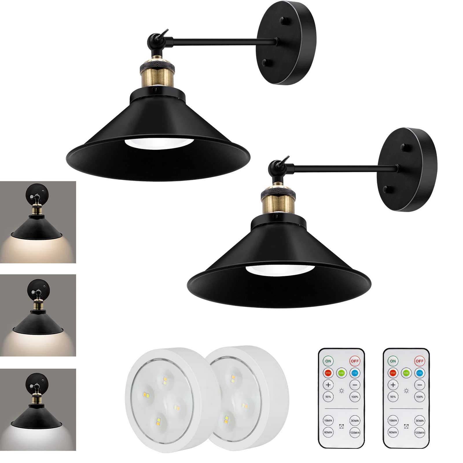 LABOREDUCER Battery Operated Wall Sconces Set of 2,Black Wireless Sconces Wall Lighting with Remote,Flexible Battery Wall Lamps,Wall Mounted Lights for Bedroom, Living Room, Hallway