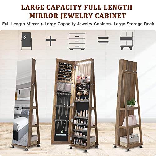 Lvifur 360° Rotating 64'' Jewelry Armoire with 6 LEDS, Full Length Mirror Large Capacity Jewelry Organizer Armoire, Lockable Floor Standing Mirror with 4 rollers for Bedroom, Cloakroom