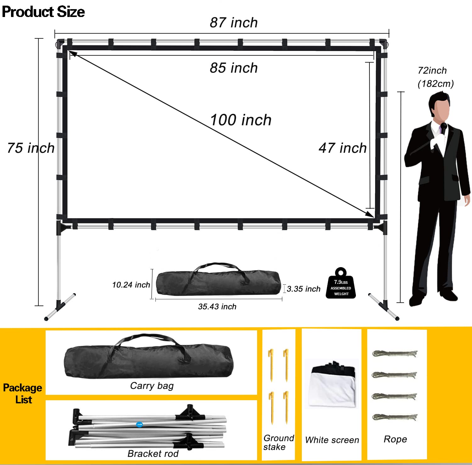 AZXRHWYGS Projector Screen with Stand,100 Inch Foldable Portable Projector Screen 16:9 HD 4K Double Sided Projection Movie Screen