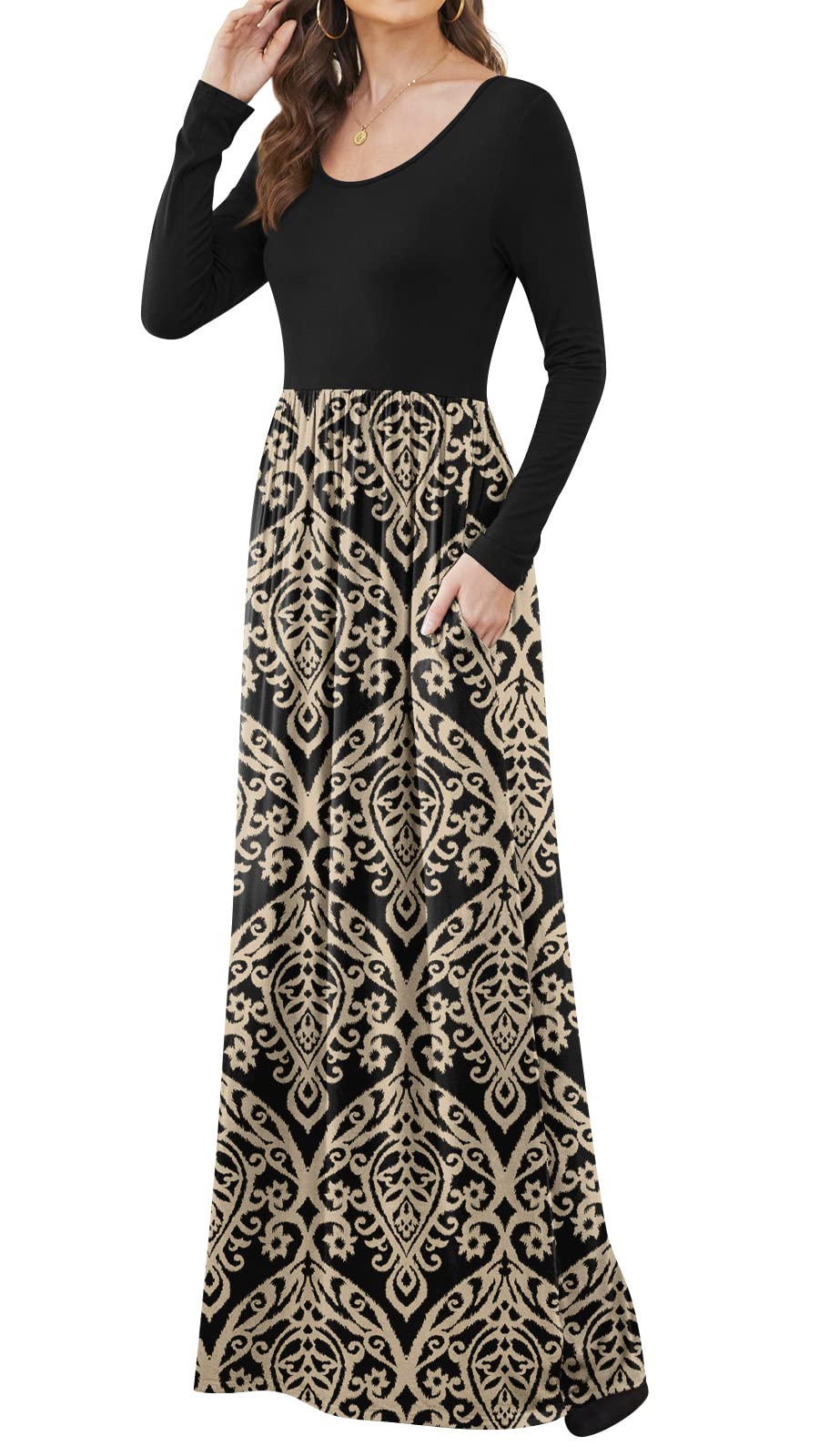 DB MOON Women Casual Long Sleeve Maxi Dresses Empire Waist Long Dress with Pockets Black and Gold M