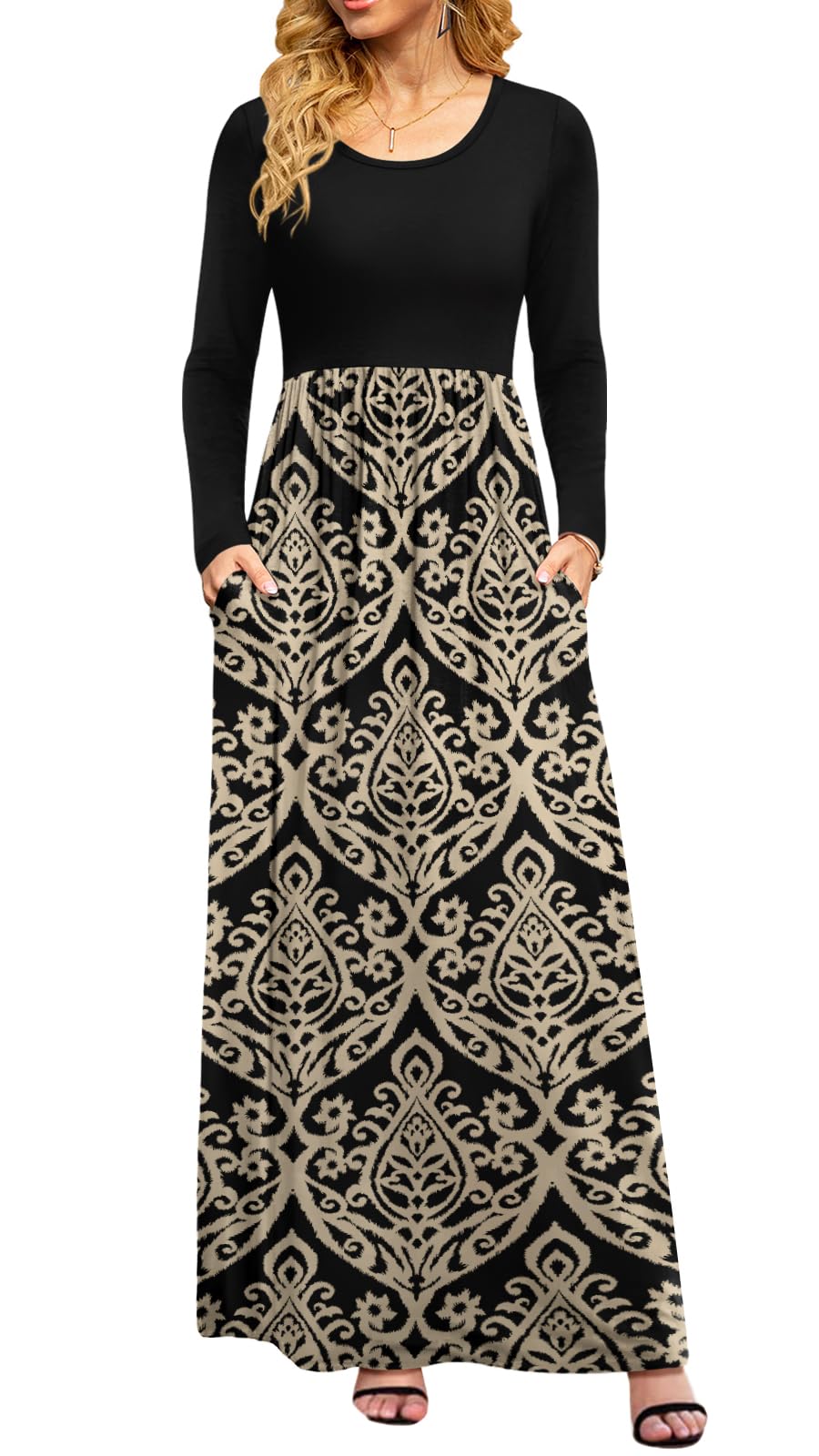 DB MOON Women Casual Long Sleeve Maxi Dresses Empire Waist Long Dress with Pockets Black and Gold M