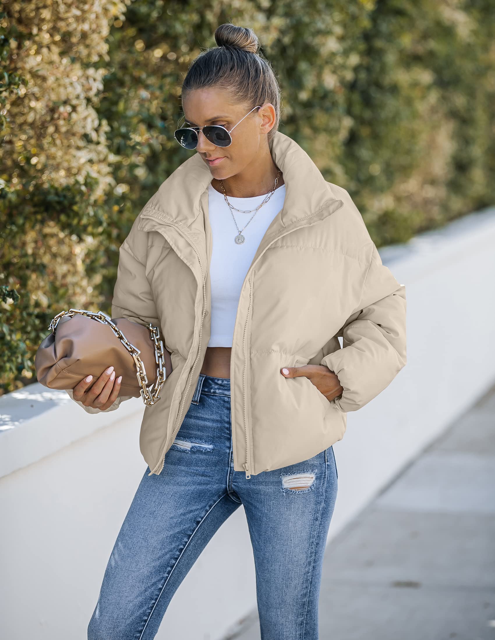 MEROKEETY Women's Winter Long Sleeve Zip Puffer Jacket Stand Collar Baggy Short Coats with Pockets, LightKhaki, XS