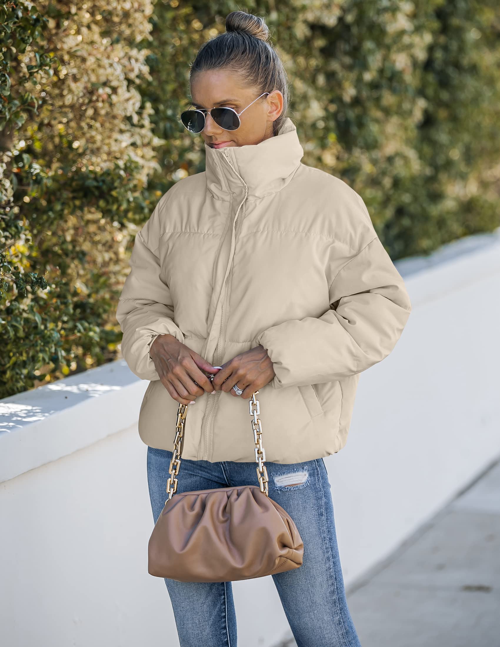 MEROKEETY Women's Winter Long Sleeve Zip Puffer Jacket Stand Collar Baggy Short Coats with Pockets, LightKhaki, XS