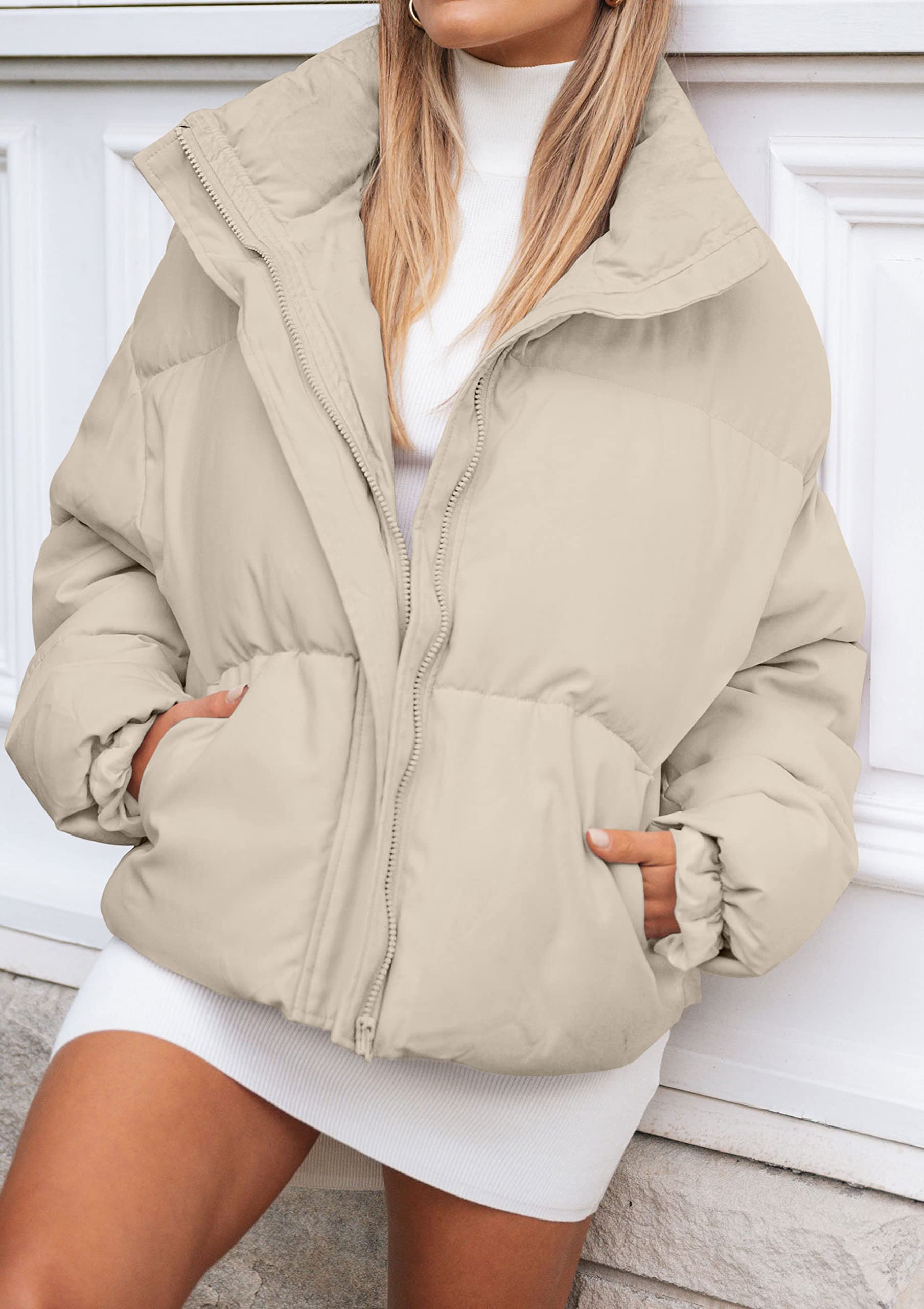 MEROKEETY Women's Winter Long Sleeve Zip Puffer Jacket Stand Collar Baggy Short Coats with Pockets, LightKhaki, XS