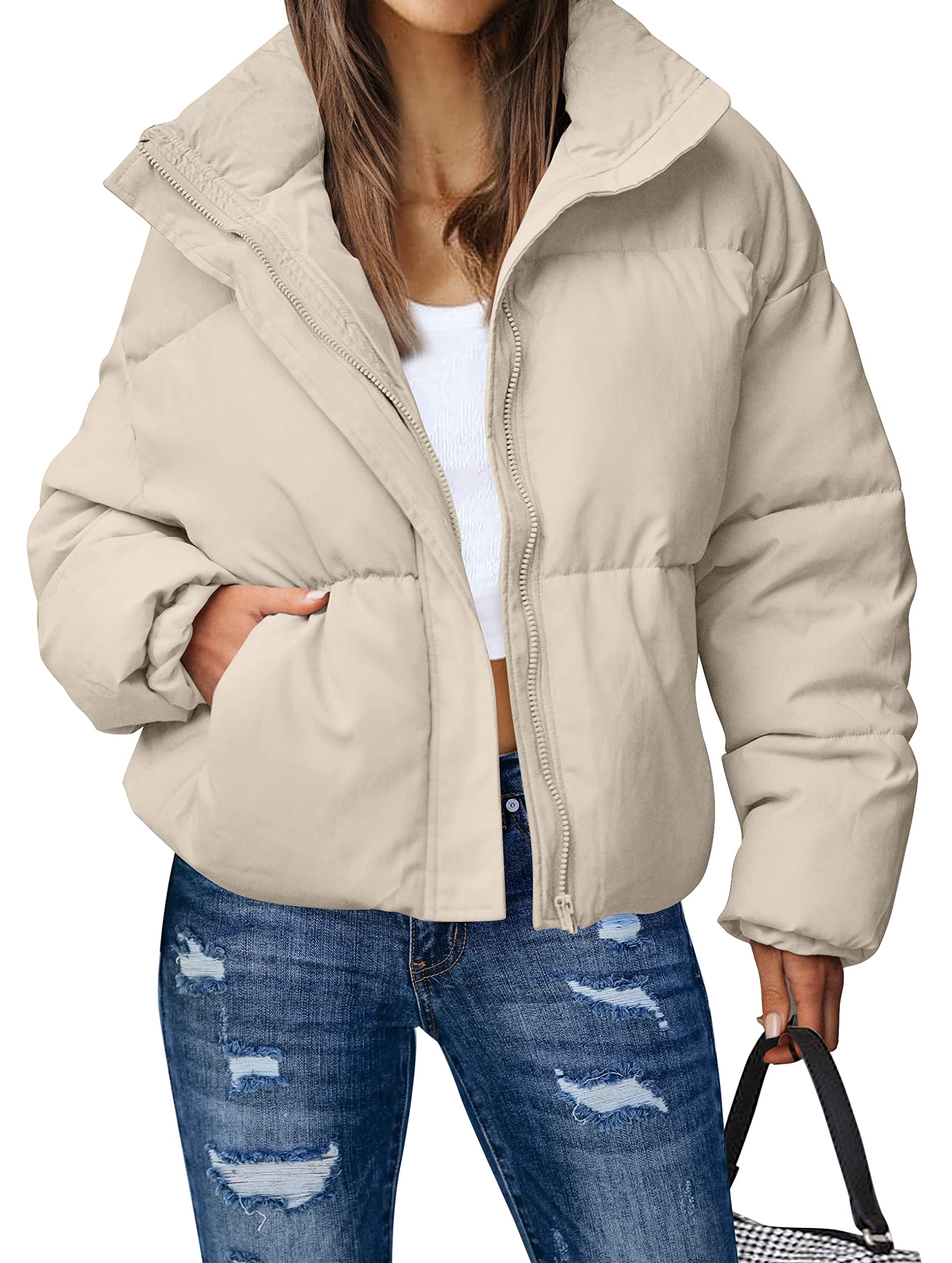 MEROKEETY Women's Winter Long Sleeve Zip Puffer Jacket Stand Collar Baggy Short Coats with Pockets, LightKhaki, XS