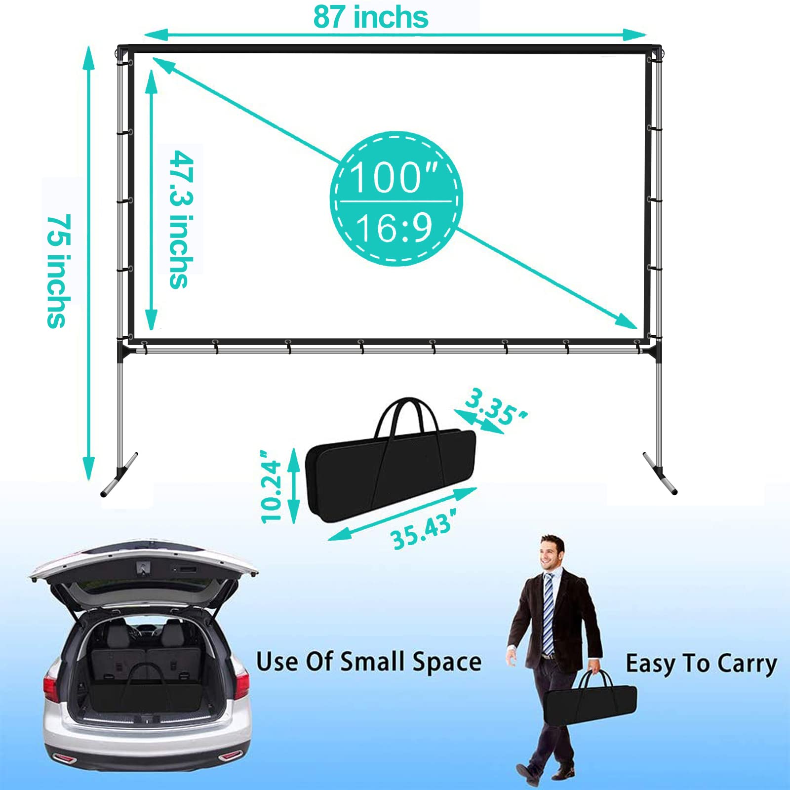 GYUEM 100 inch Projector Screen with Stand, Portable Front & Rear Projection Screen, 4K HD 16:9 Screen Outdoors and Indoors, Setup in Minutes, Home Theater, Presentation
