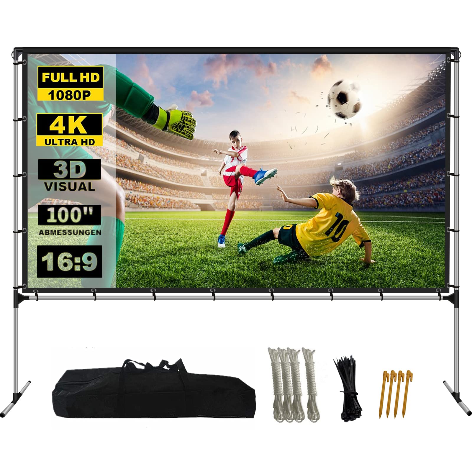 GYUEM 100 inch Projector Screen with Stand, Portable Front & Rear Projection Screen, 4K HD 16:9 Screen Outdoors and Indoors, Setup in Minutes, Home Theater, Presentation