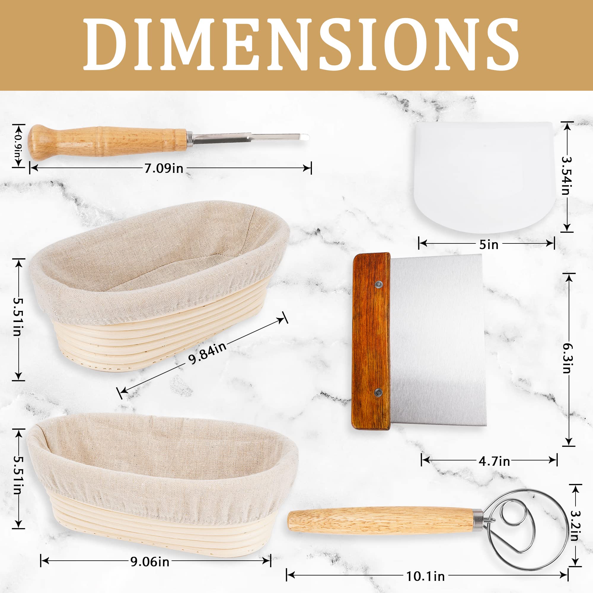 Nature's Loaf Banneton Bread Proofing Basket Set | 2 Oval Baskets with Sourdough Bread Baking Supplies - Complete Kit Including Proofing Baskets, Danish Whisk, Bowl Scraper, Dough Scraper, Bread Lame