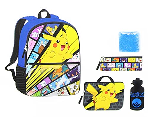 Pokemon 5 Piece 16 Inch Backpack | Utlity & Pencil Cases | Ice Pack | Bottle