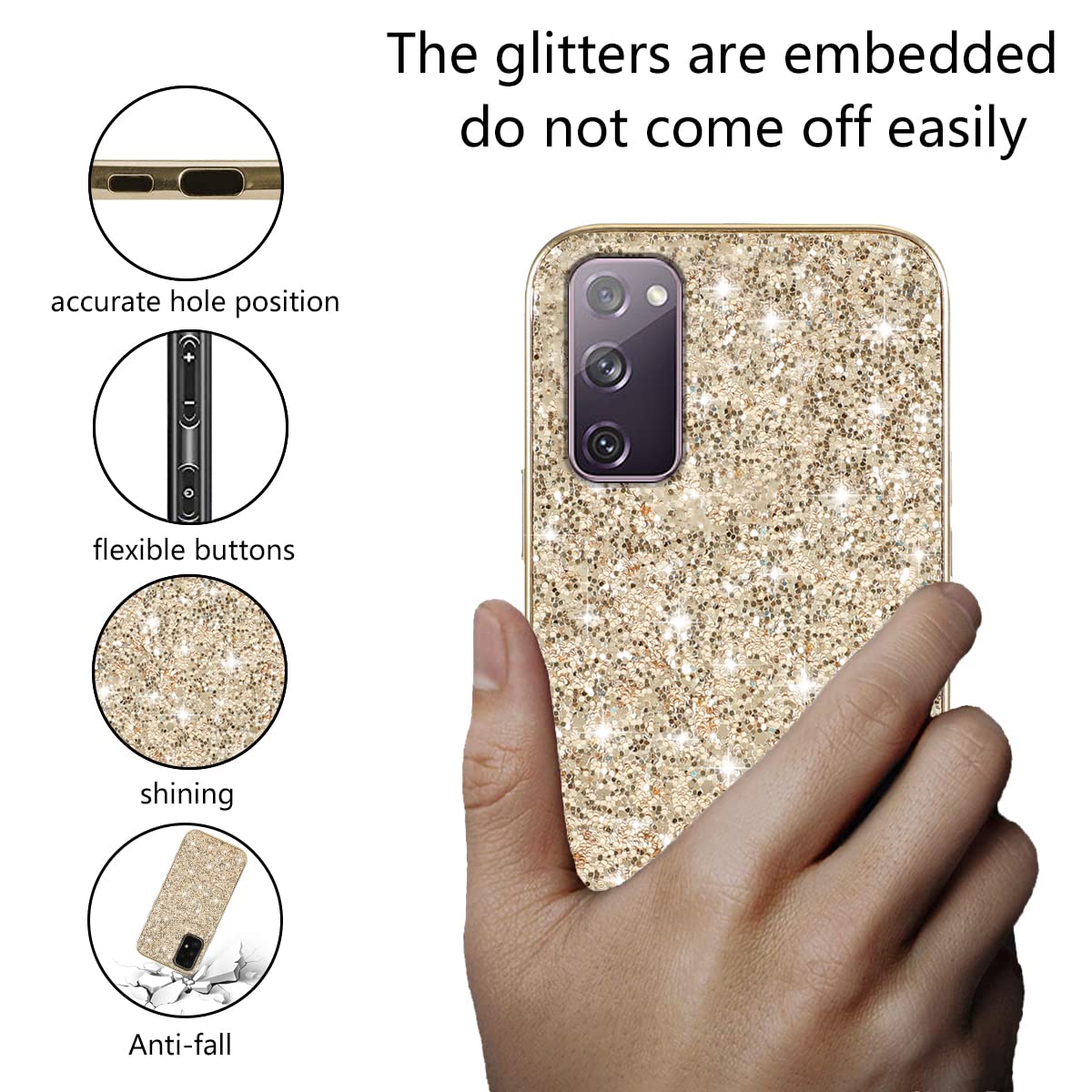 Compatible with Samsung S20 FE Case Glitter Shockproof, for Samsung Galaxy S20 FE Phone Case Bling Sparkly Soft TPU and PC Silicone Shiny Girl Women Thin Protective Cover (Gold)