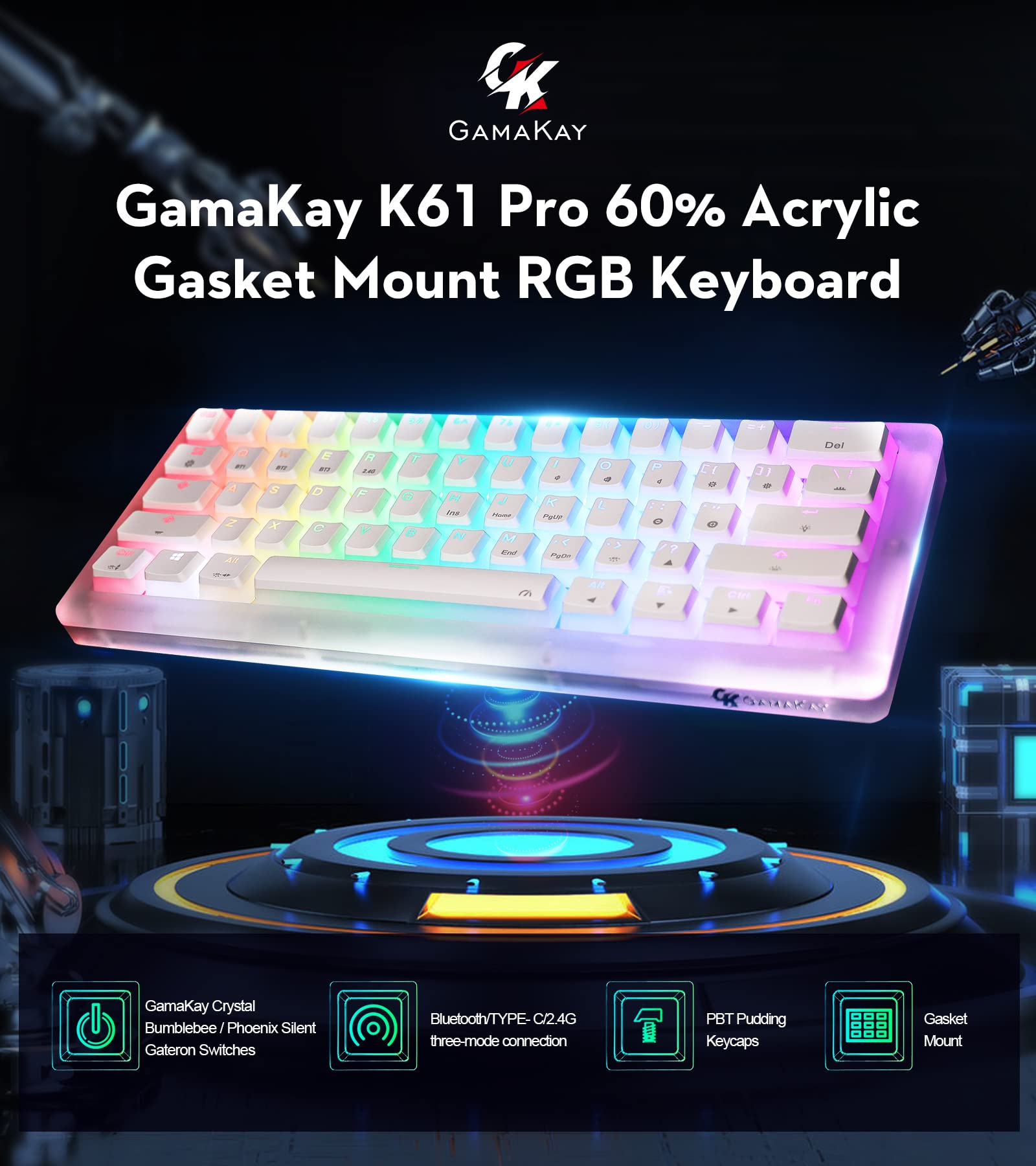 GK GAMAKAY K61 Pro 60% RGB Gasket Mechanical Keyboard, Bluetooth/USB-C Wired/2.4GHz Wireless 61 Keys Hot Swap Gaming Keyboard with CNC Acrylic Base Pudding PBT/ABS Keycaps (Gateron Red Switch)