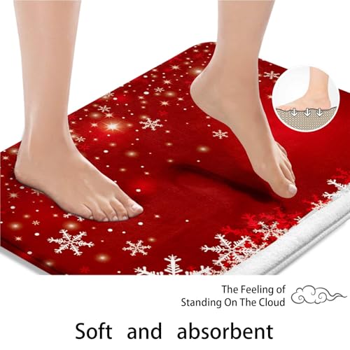 ArtSocket Christmas Bathroom Rugs and Mats Set 2 Piece, Snowflake Red Rugs Non Slip, Winter Snow Absorbent Microfiber Memory Foam Bath Mat Machine Washable Bathroom Floor Mats