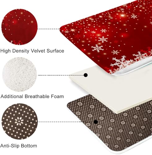ArtSocket Christmas Bathroom Rugs and Mats Set 2 Piece, Snowflake Red Rugs Non Slip, Winter Snow Absorbent Microfiber Memory Foam Bath Mat Machine Washable Bathroom Floor Mats