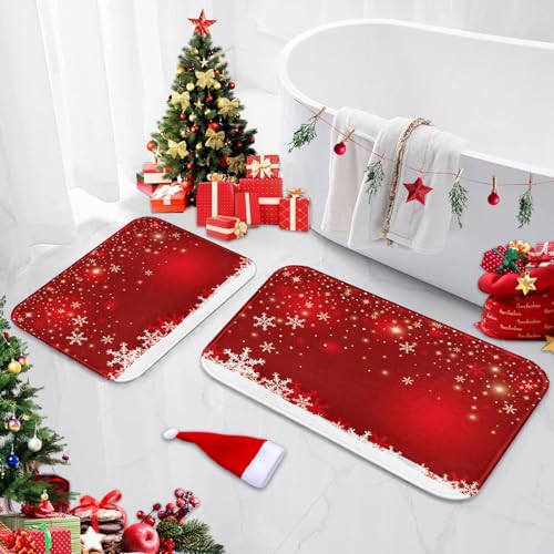 ArtSocket Christmas Bathroom Rugs and Mats Set 2 Piece, Snowflake Red Rugs Non Slip, Winter Snow Absorbent Microfiber Memory Foam Bath Mat Machine Washable Bathroom Floor Mats